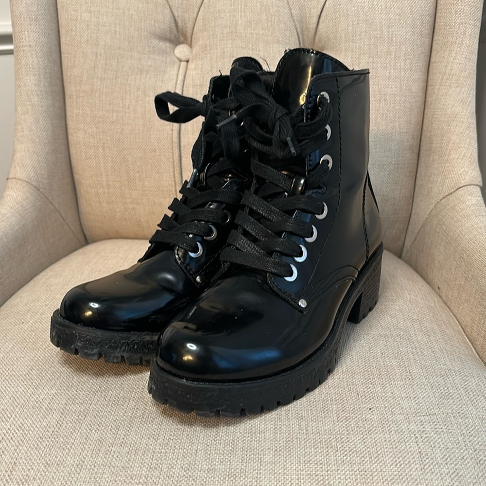 Aldo Patent Leather Lace Up Combat Boots - Gem